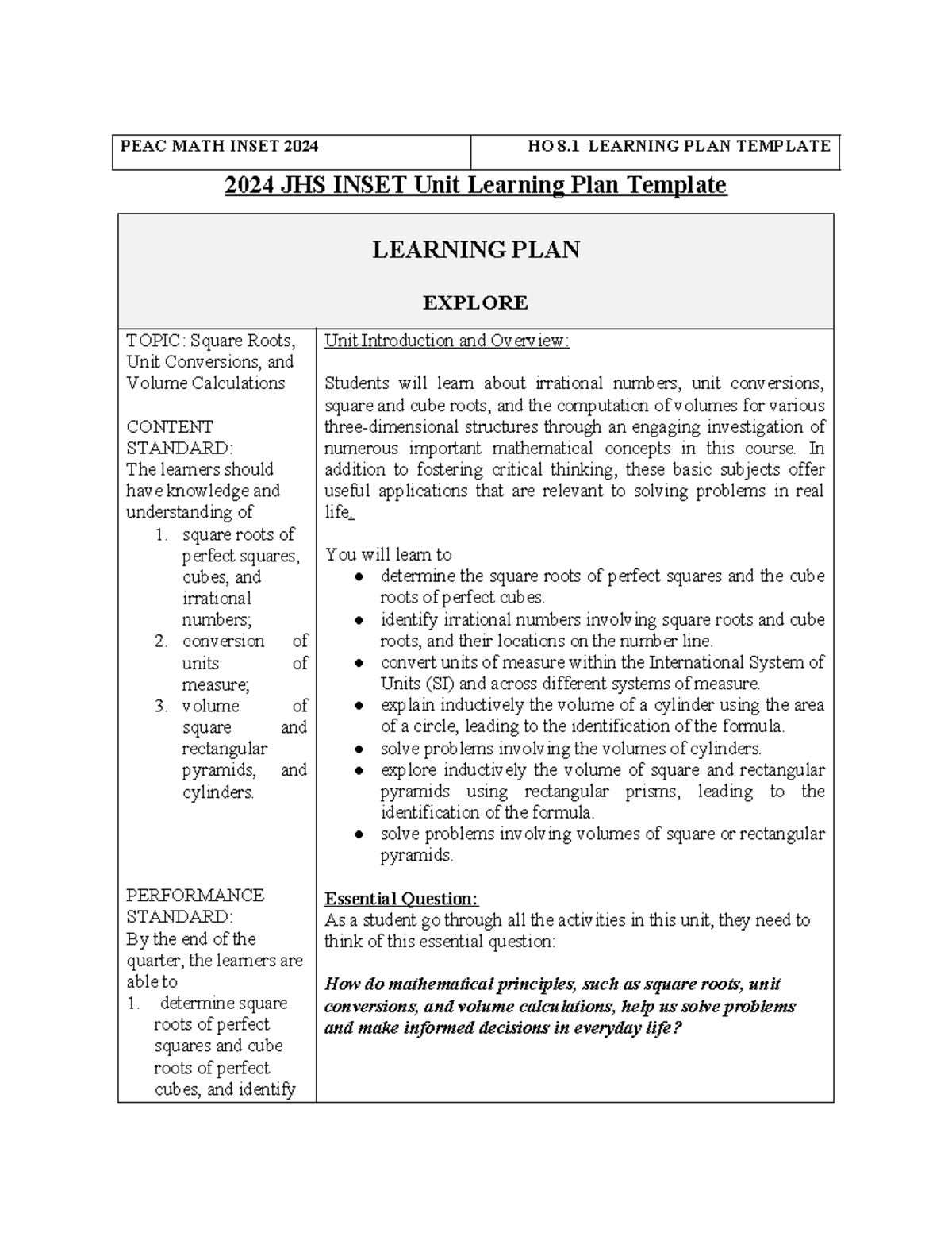 Group 4, 5 and 6 EFDT Learning PLAN Template - PEAC MATH INSET 2024 HO ...