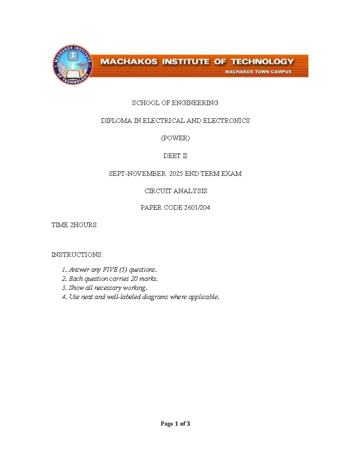 DEET II 2025 End Term Exam: Circuit Analysis (Power) - Studocu