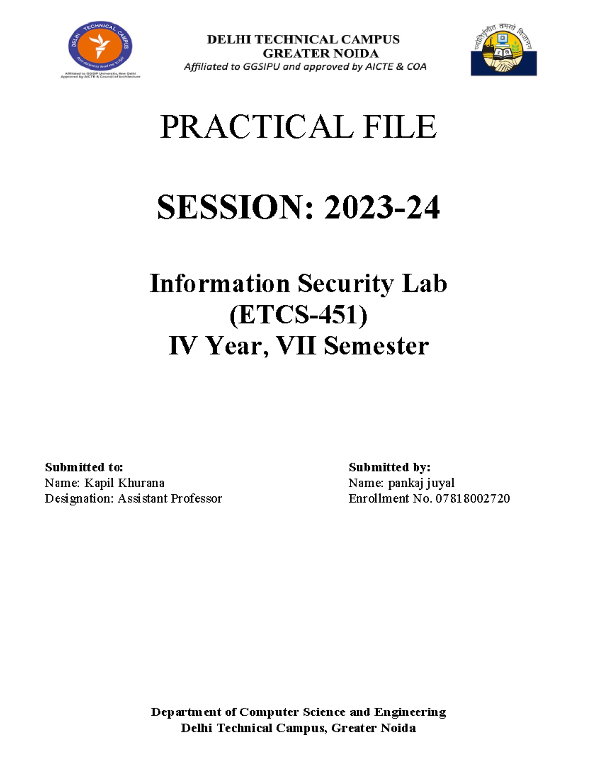 Information Security Lab Practical File (ETCS-451) - 2023 - Studocu