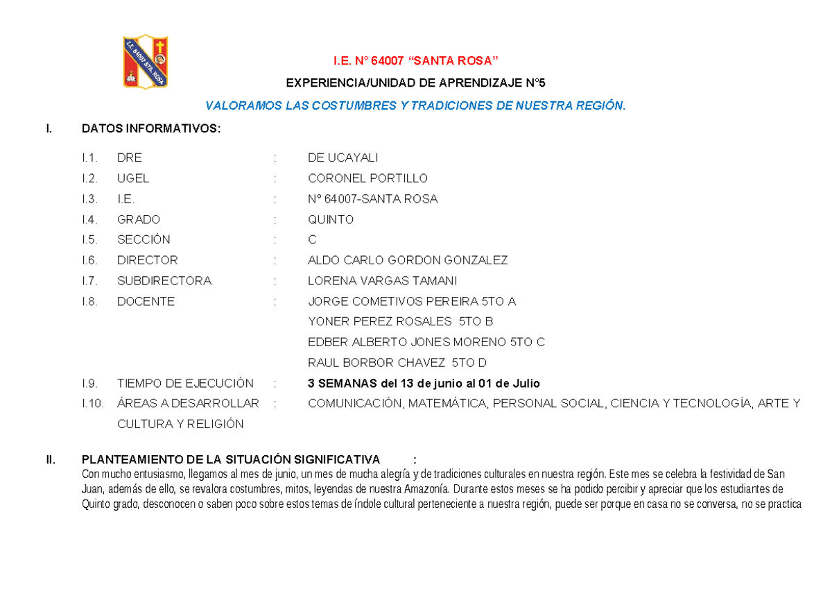 I.E. 64007: Aprendizaje sobre Costumbres y Tradiciones Regionales - Studocu