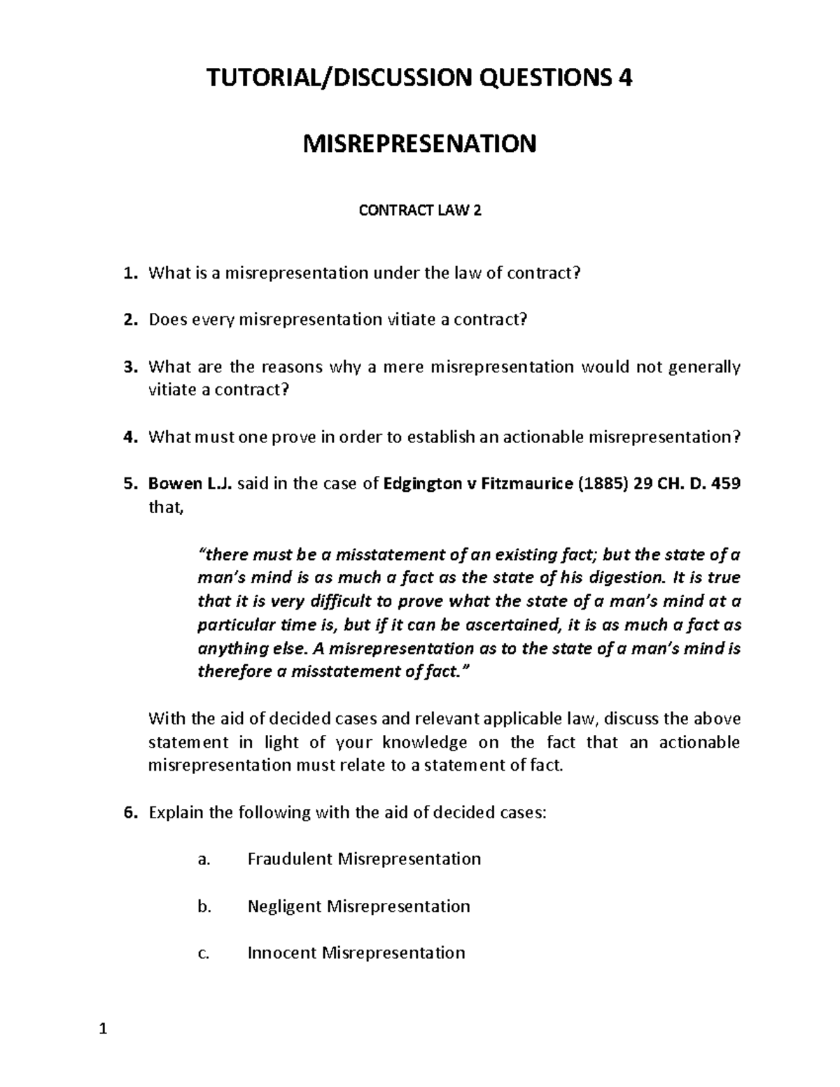 Tutorial (Misrepresenation) 2024 - 1 TUTORIAL/DISCUSSION QUESTIONS 4 ...