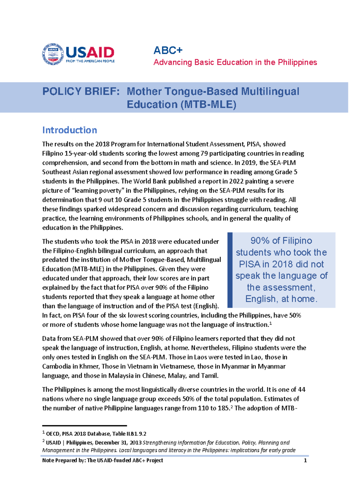 MTB-MLE Policy Brief: Improving Literacy Outcomes in the Philippines ...