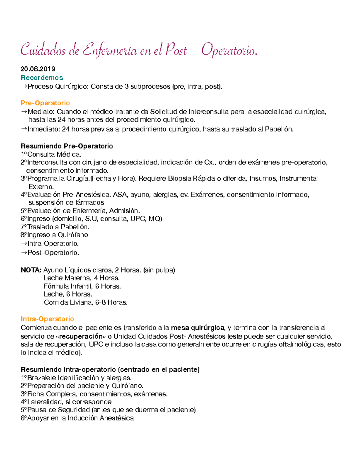 Cuidados de Enfermería en el Post-Operatorio: 3 Px - Pre y ...