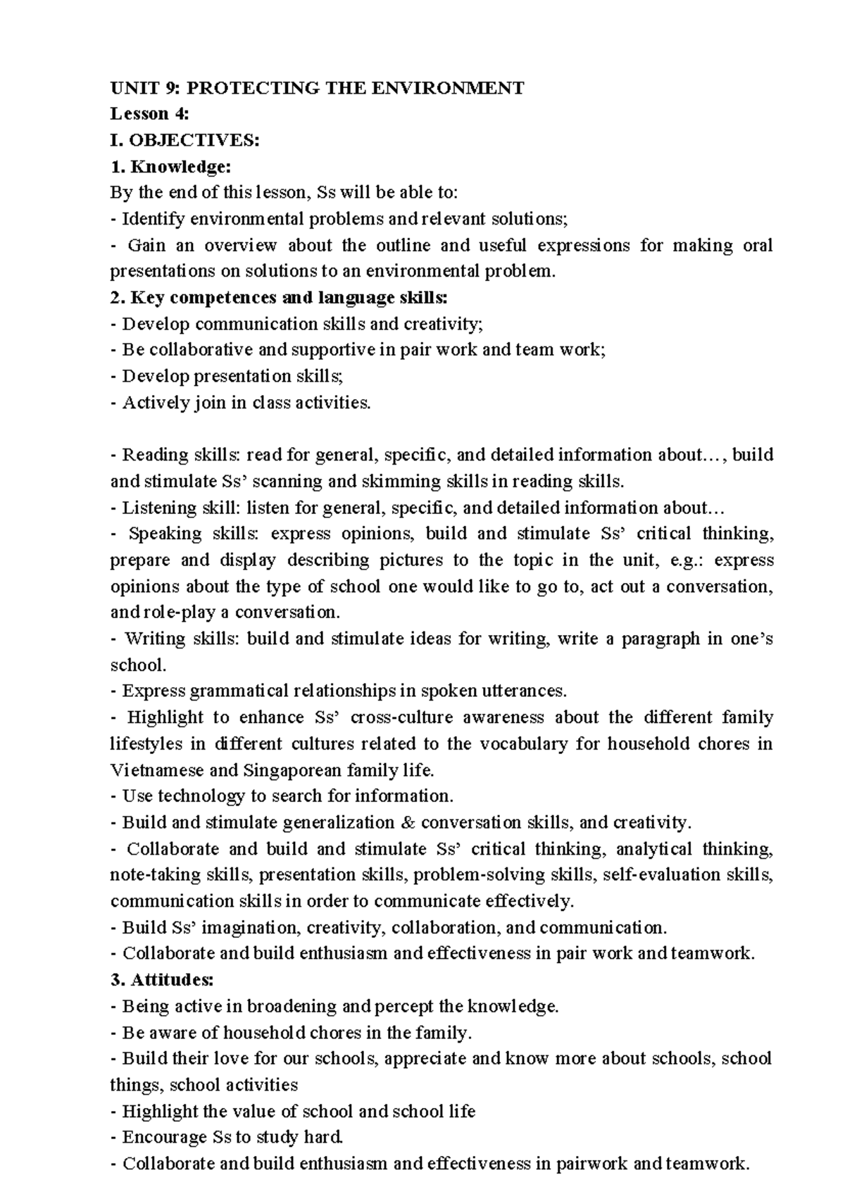 UNIT 9: PROTECTING THE ENVIRONMENT - Lesson 4 Objectives & Skills - Studocu