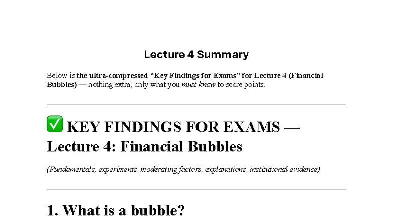 ABF - Lecture 4 Summary: Key Findings on Financial Bubbles - Studeersnel