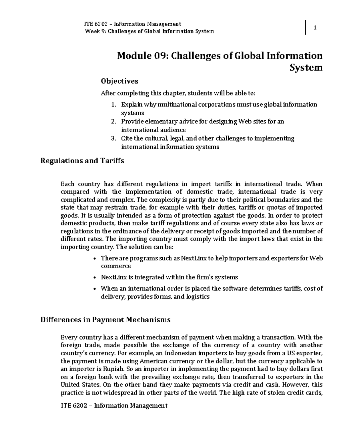 ITE 6202 Information Management Week 9: Global Info System Challenges ...