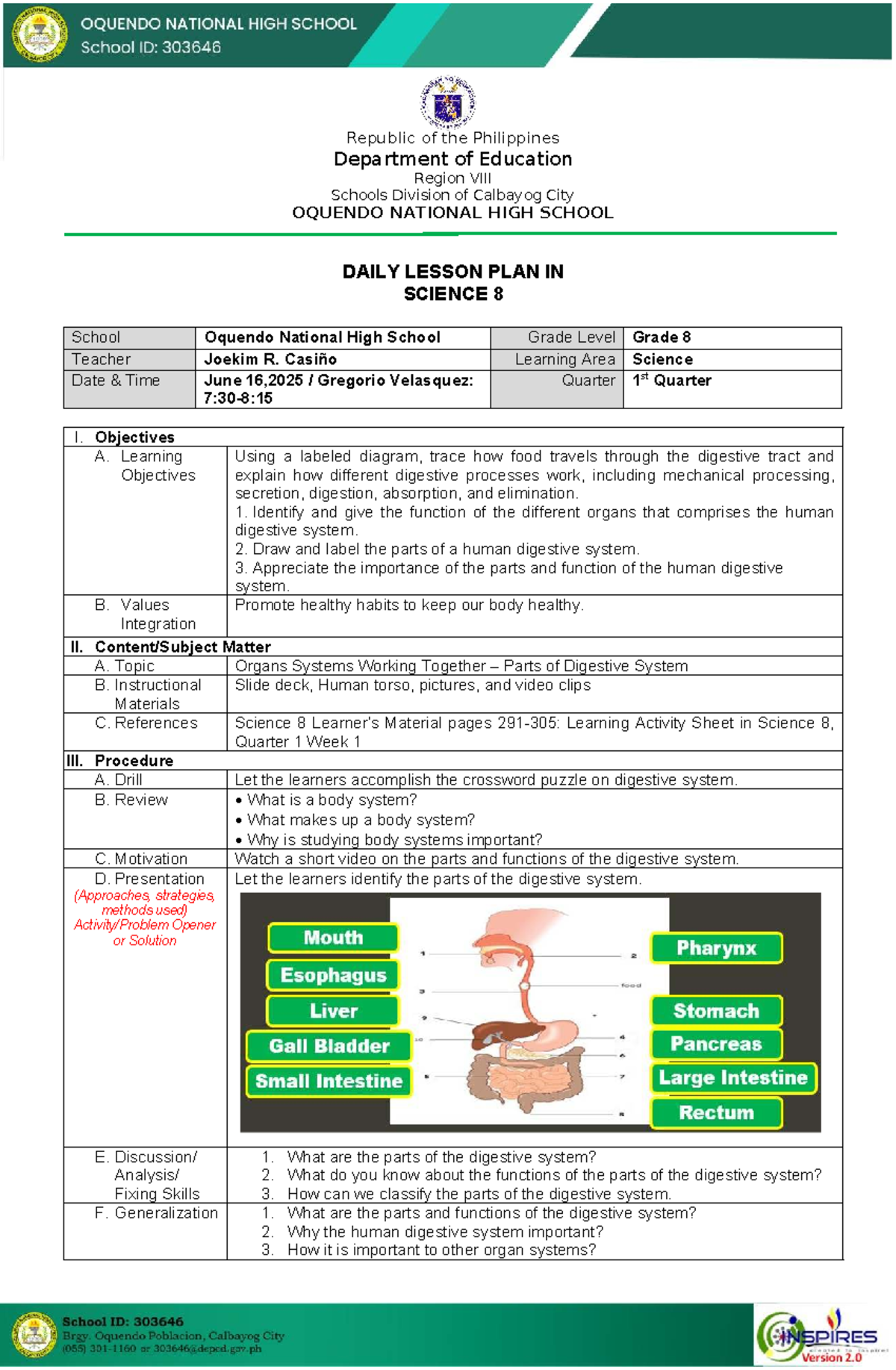 S8 Daily Lesson Plan: Digestive System - 1st Quarter, Week 1 - Studocu