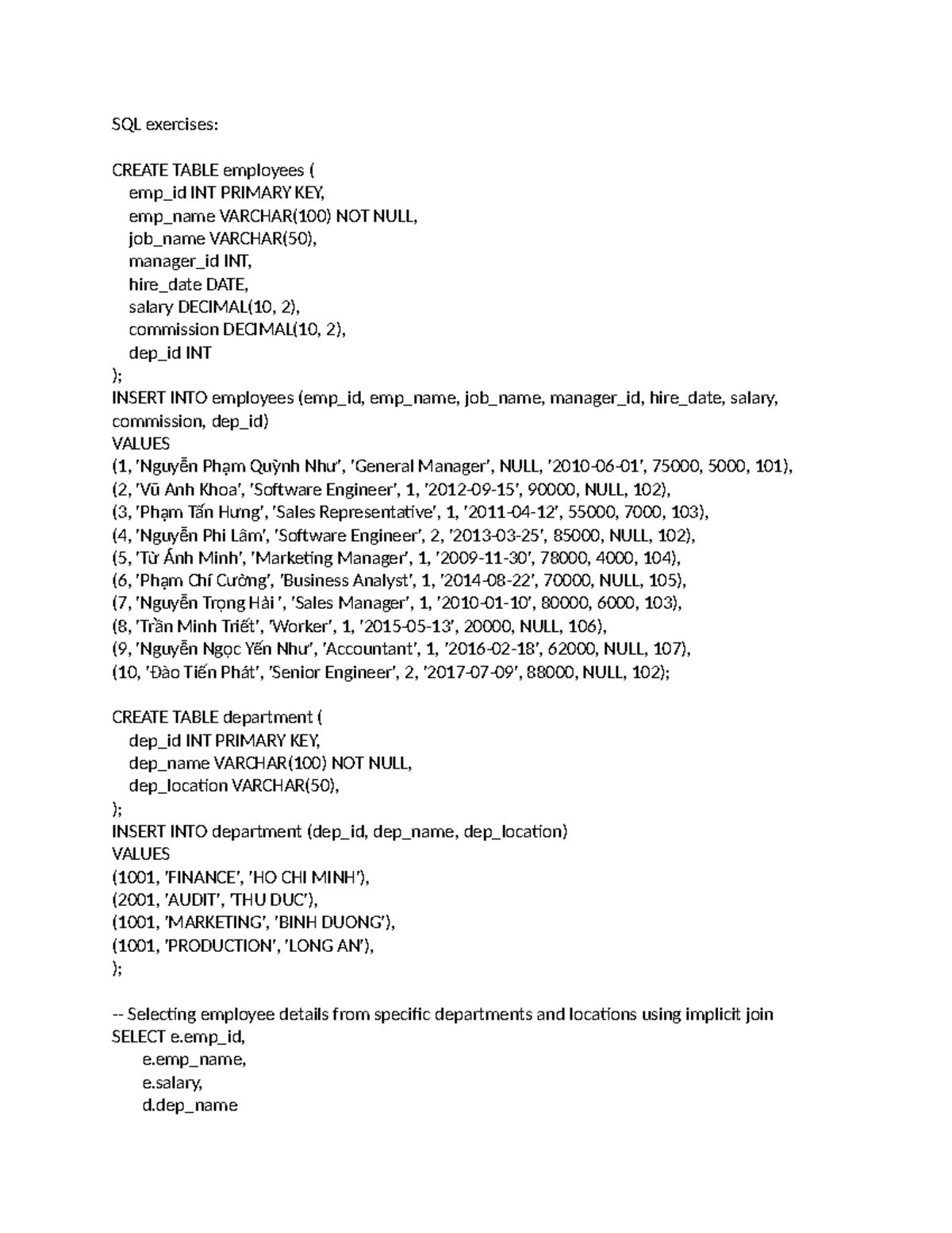 SQL Exercises for Employee and Department Table Creation and Queries - Studocu