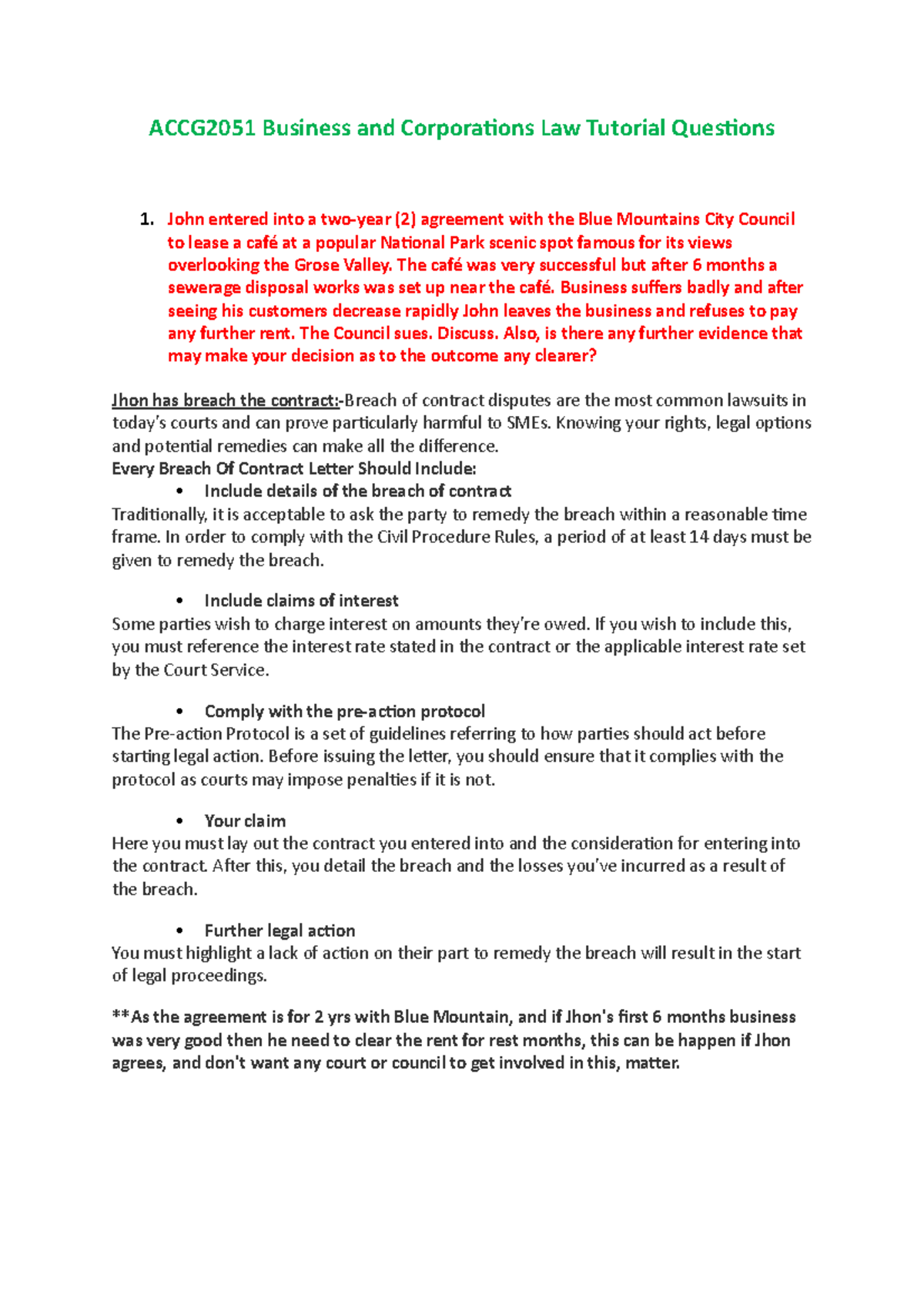 ACCG2051 Business and Corporations Law Tutorial Questions week 4 ...