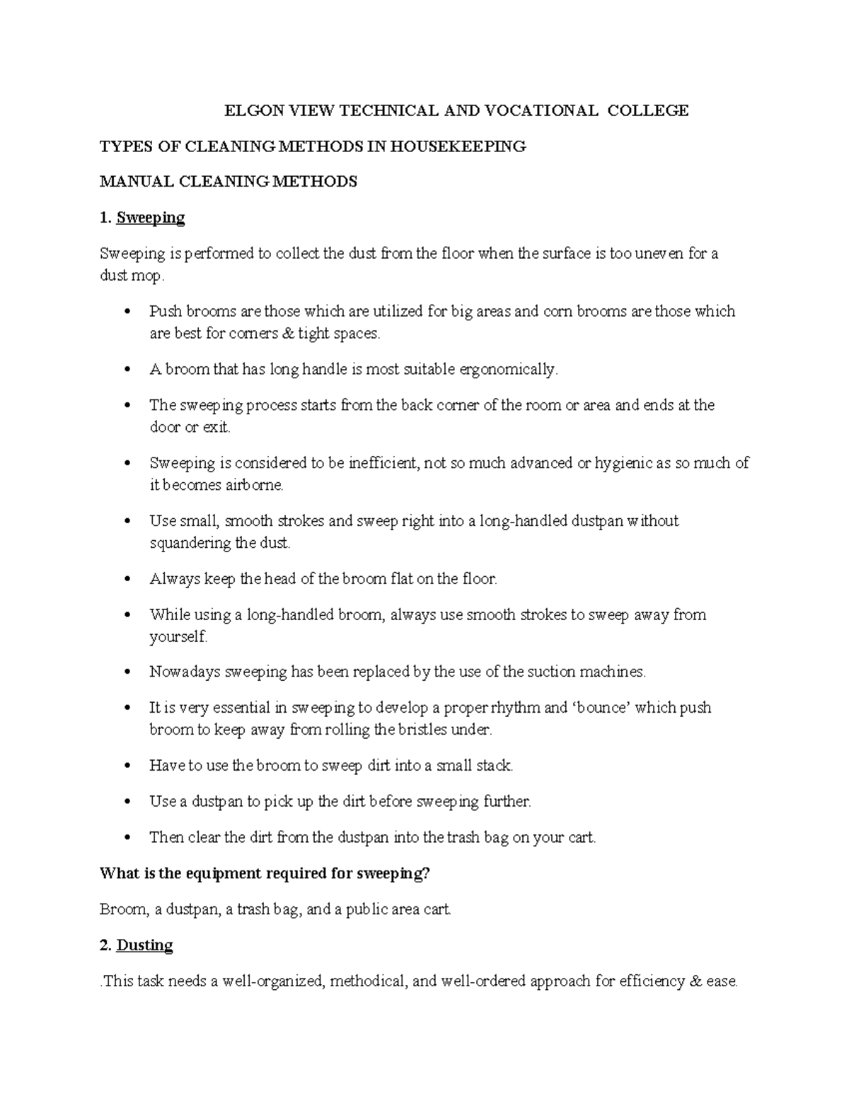 Types of Cleaning Methods in Housekeeping: A Comprehensive Guide - Studocu