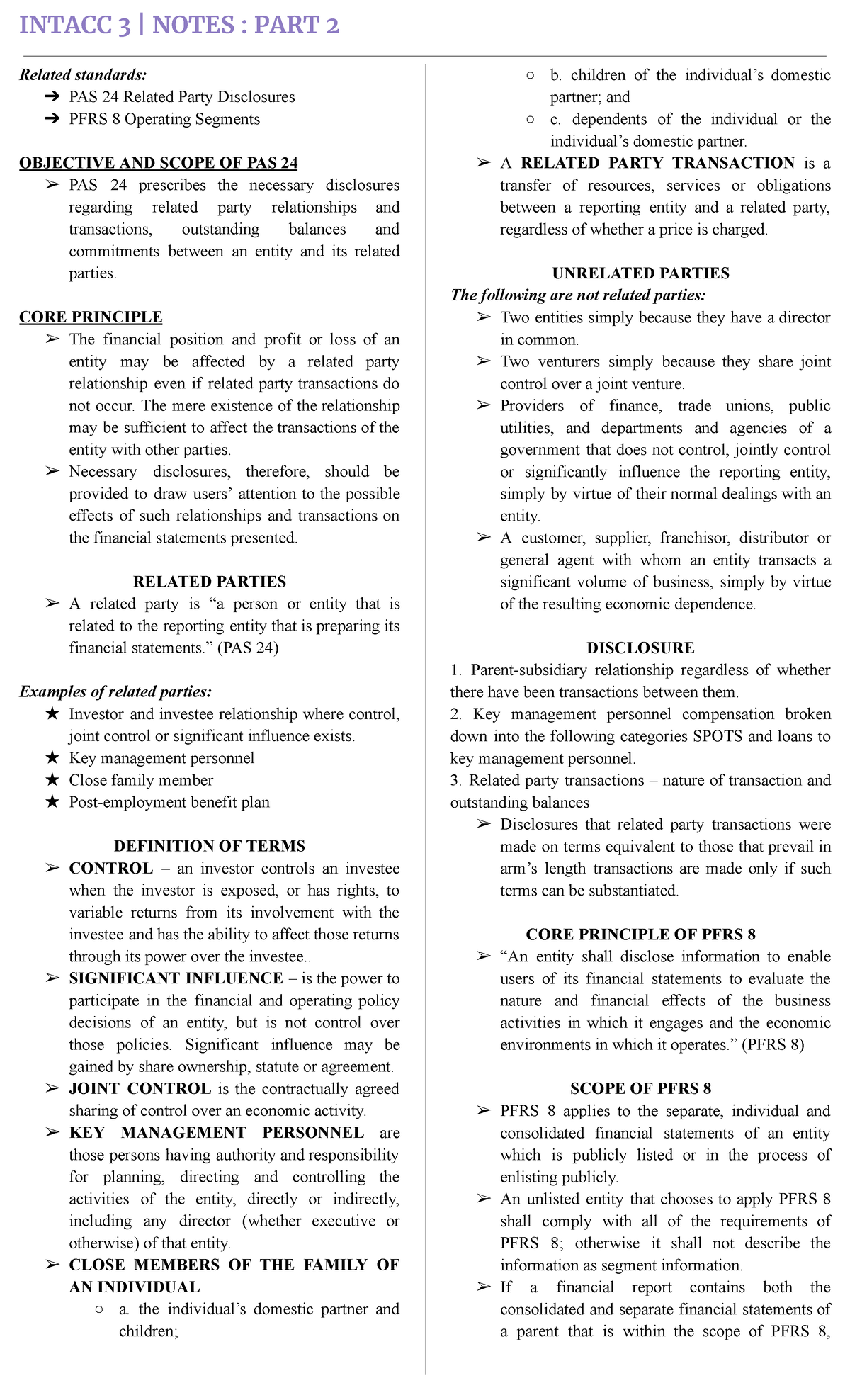 INTACC 3 | Comprehensive Notes on PAS 24 & PFRS 8 (Part 2) - Studocu