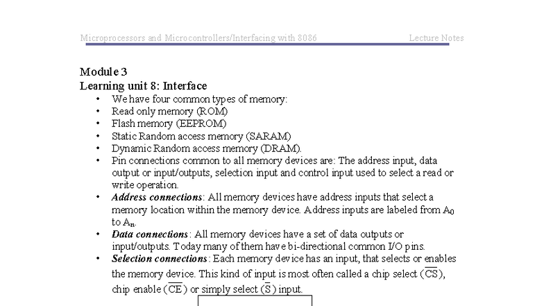 Microprocessors 8086 Lecture Notes: Memory Interfaces & Types - Studocu