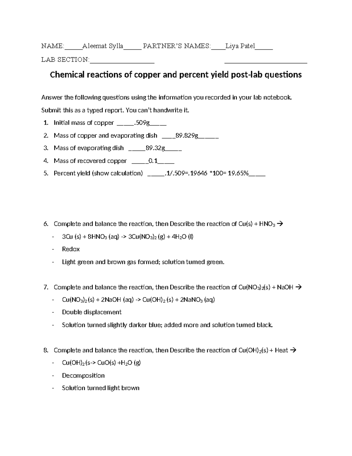 Lab 9, Post lab Questions, Chemical reactions of copper and percent ...