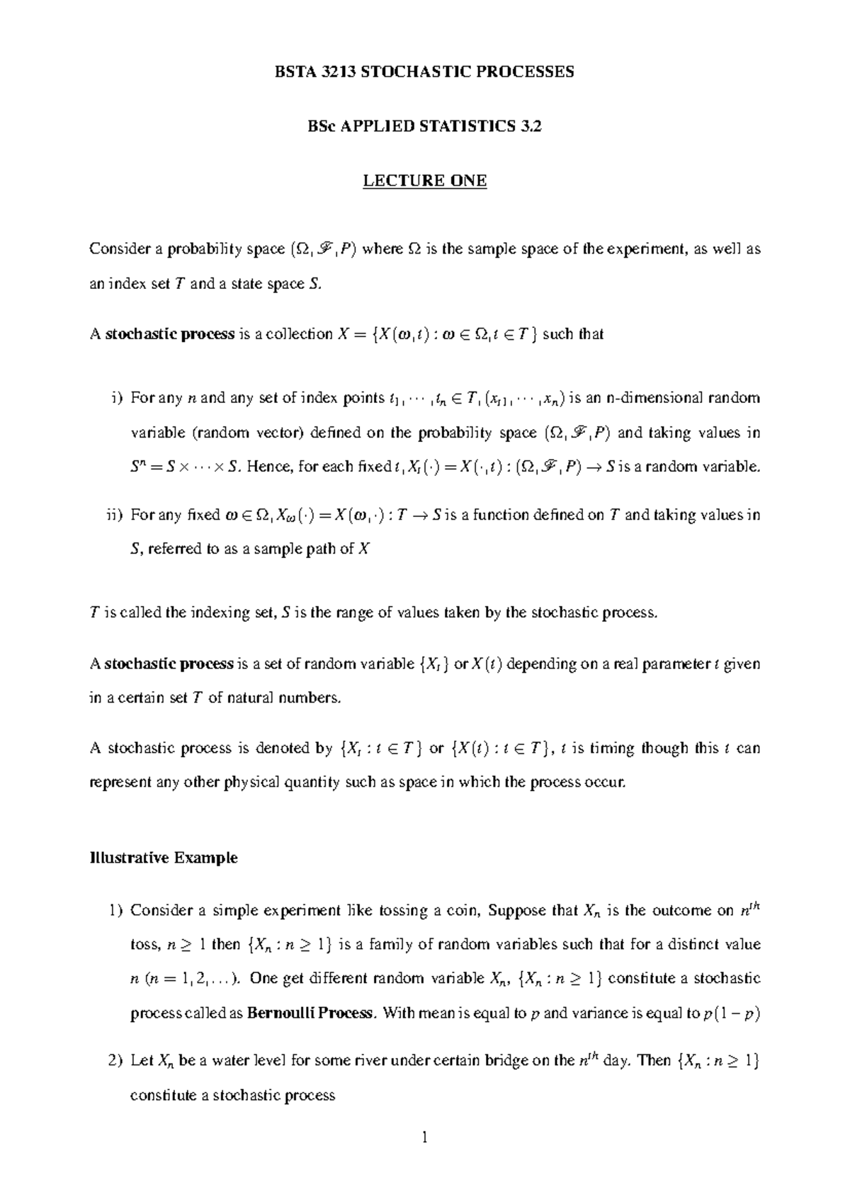 Lecture One - BSTA 3213 - BSTA 3213 STOCHASTIC PROCESSES BSc APPLIED ...