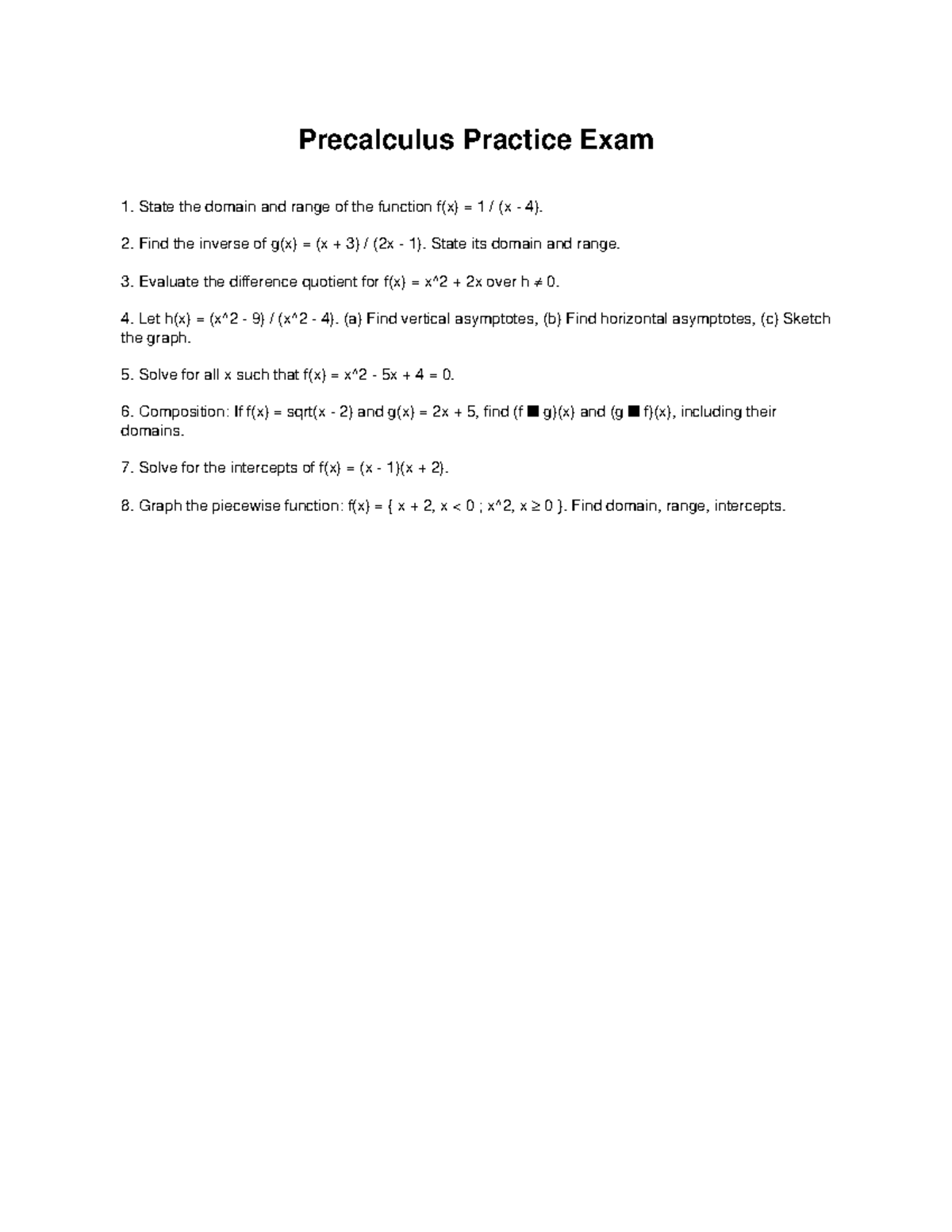 Precalculus Practice Exam 1 - Domain, Range, and Asymptotes - Studocu