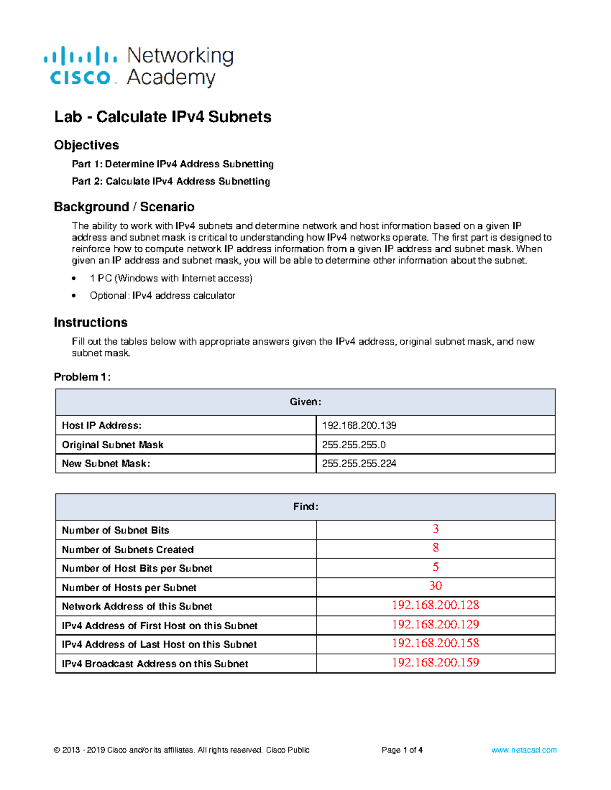 11.6.6-lab -calculate-ipv4-subnets - Objectives Part 1: Determine IPv4 ...