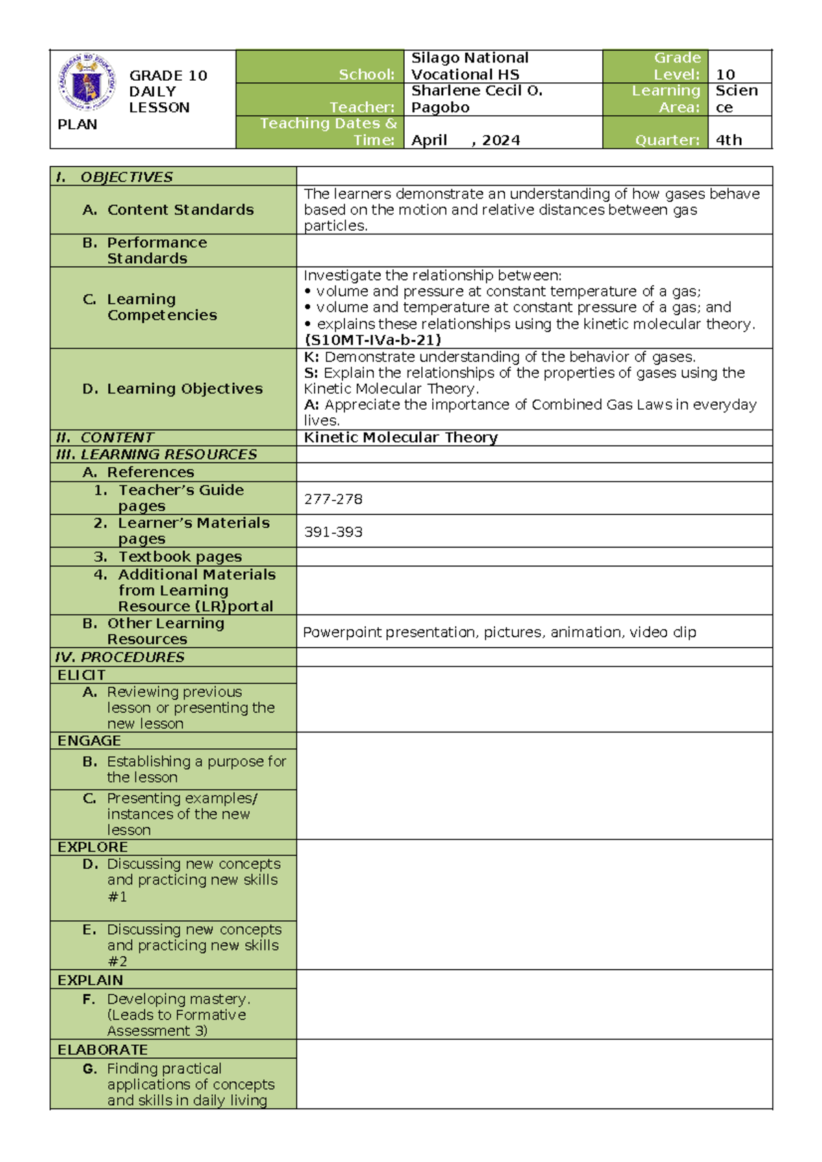 Science 10-DLP6-KMT - Kinetic Molecular Theory Lesson Plan - Studocu