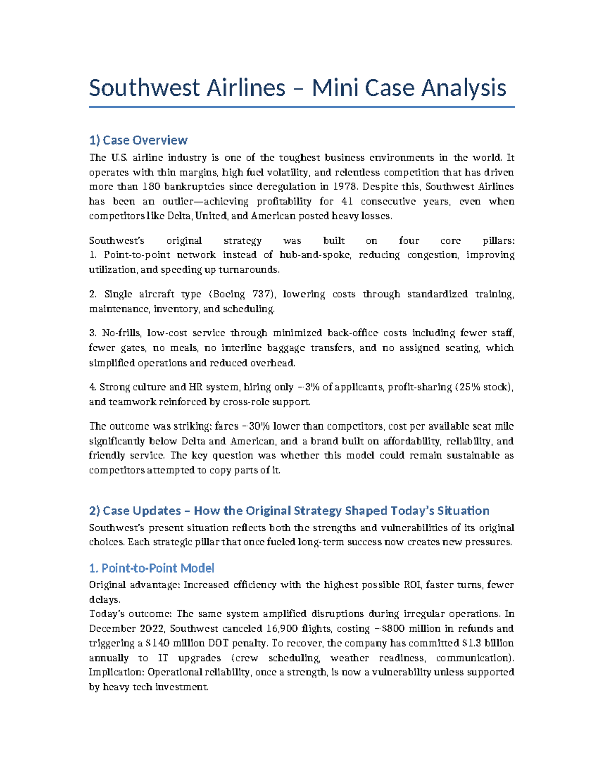 Southwest Airlines Case Analysis (Mini Case) - Covid Updates - Studocu