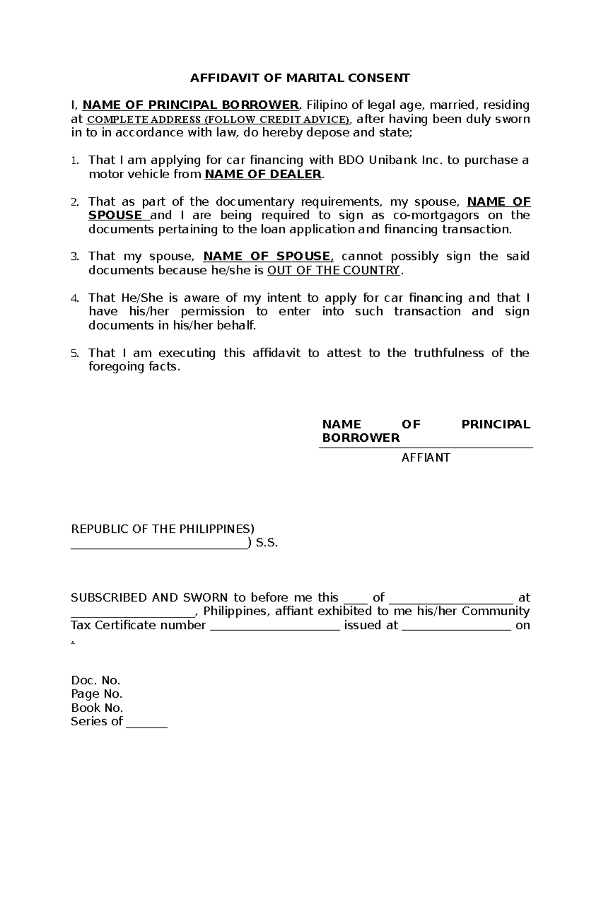 BDO AMC Template - Affidavit of Marital Consent (Sample) - Studocu