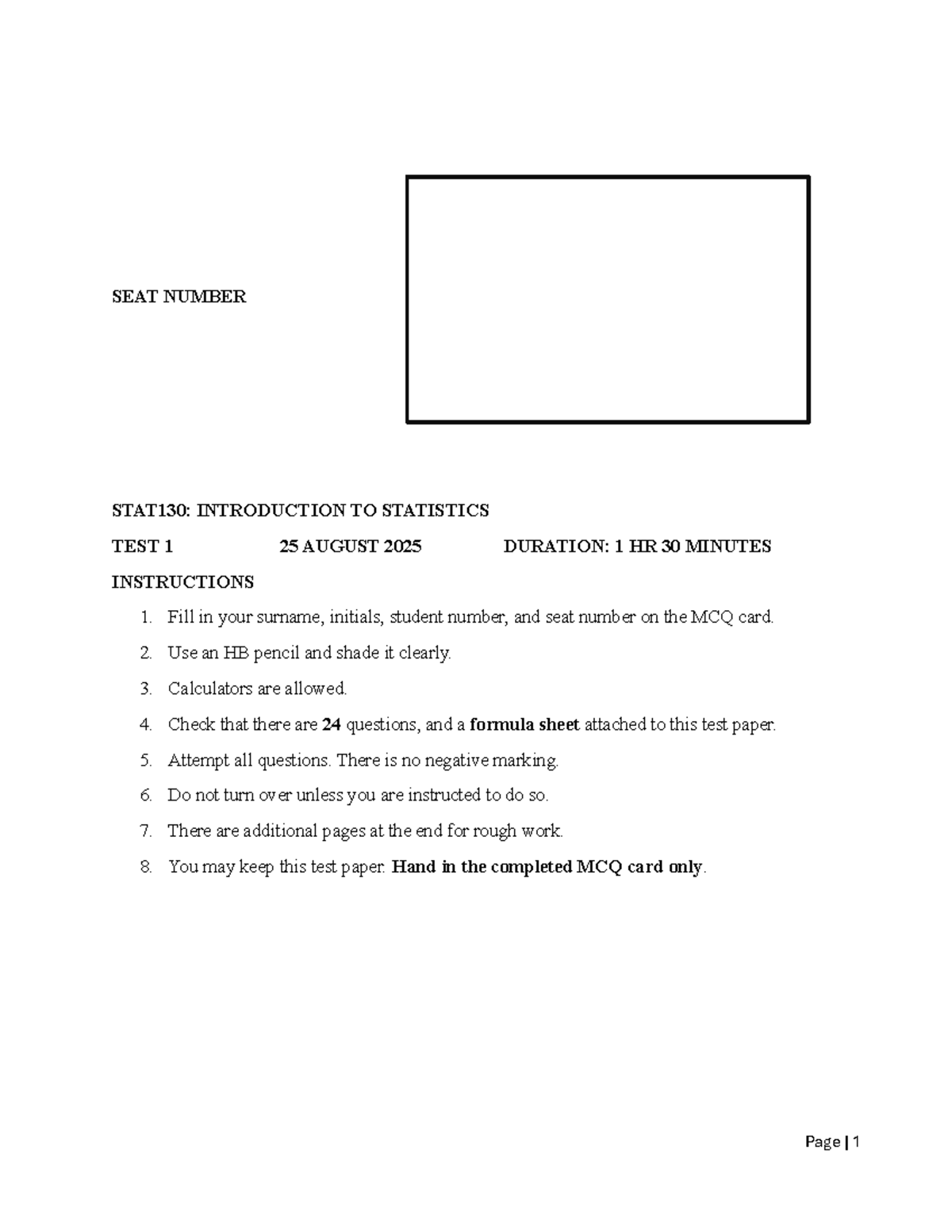 STA130: Introduction to Statistics Test 1 Solutions (25 Aug 2025) - Studocu