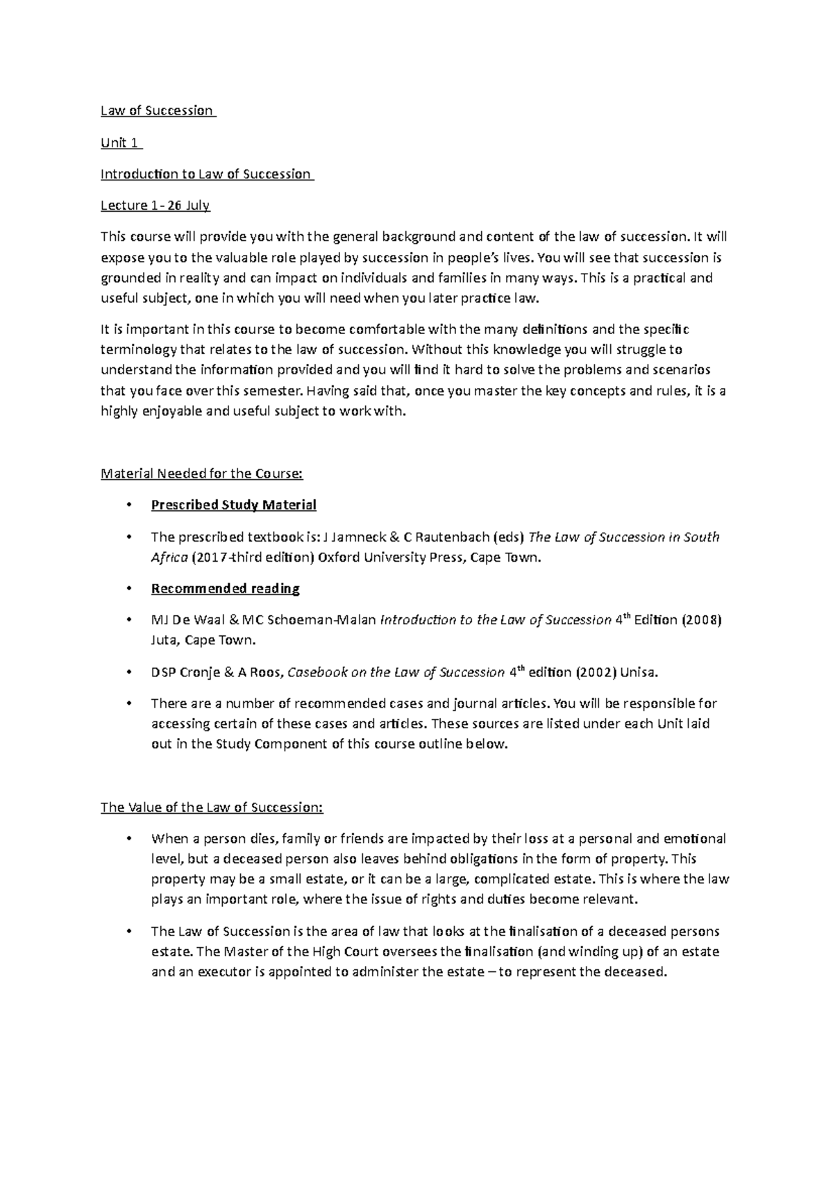 Law of Succession Unit 1 Summaries - Law of Succession Unit 1 ...