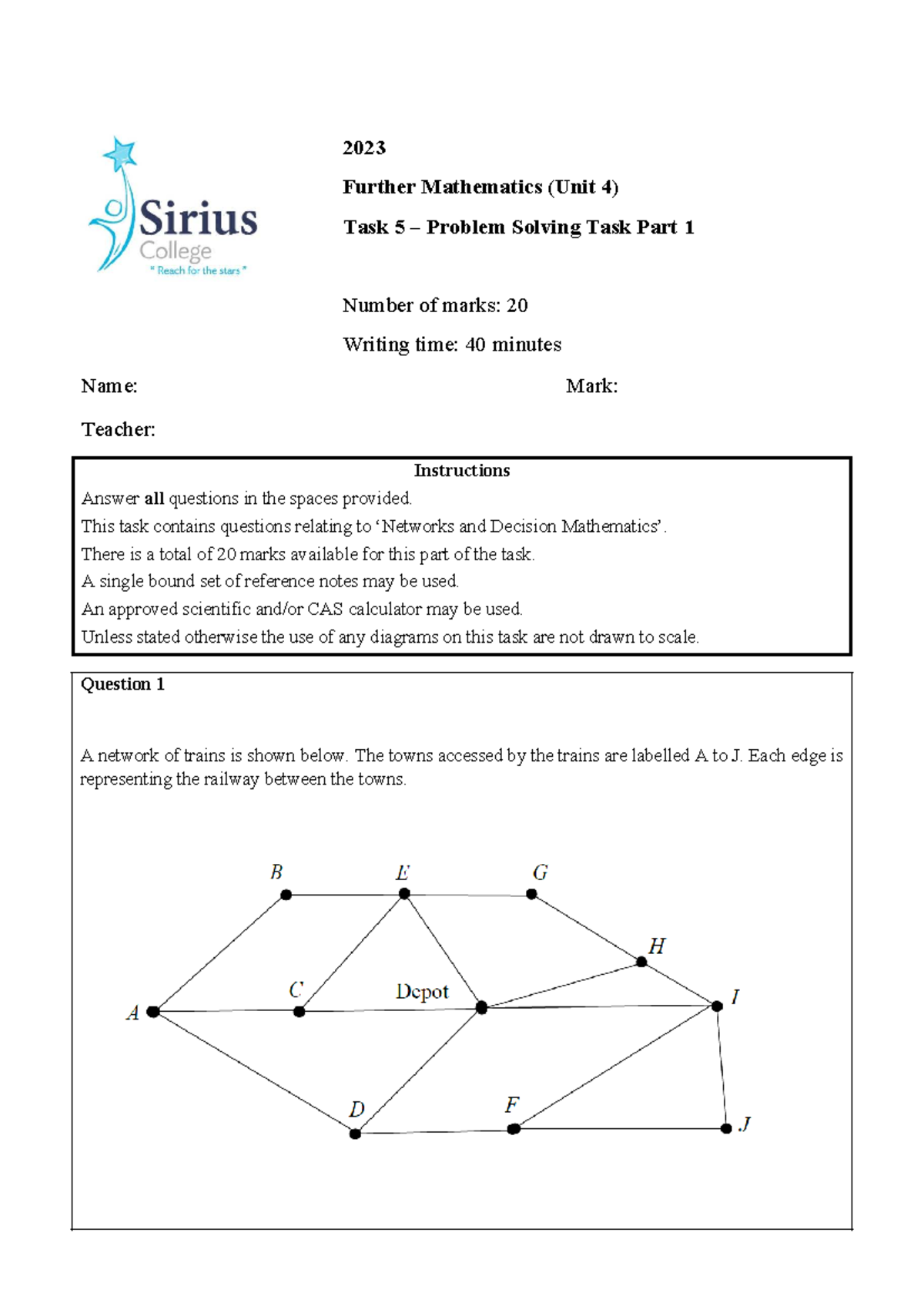 2023 Further Mathematics Unit 4 Task 5 Problem Solving Part 1 - Studocu