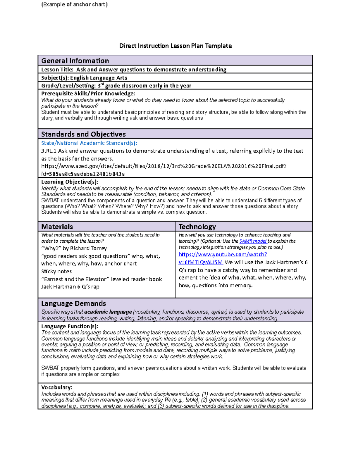 Lesson plan 3rd grade - Direct Instruction Lesson Plan Template General ...