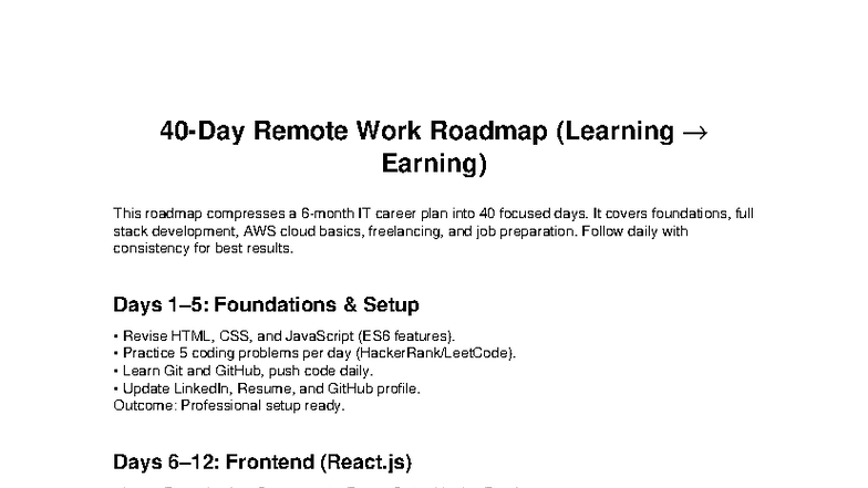 40-Day Remote Work Roadmap for IT Career (Learning Earning) - Studocu