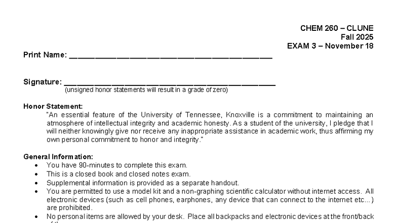 CHEM 260 CLUNE Fall 2025 Exam 3 Practice Questions - Studocu