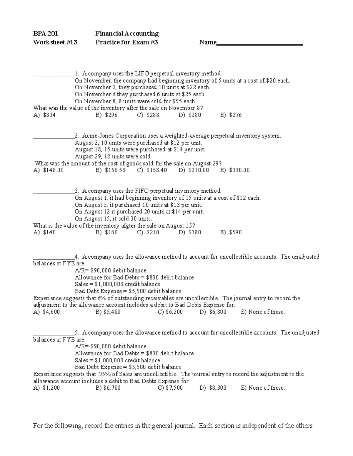 BPA 201: Financial Accounting Worksheet for Exam #1 Practice - Studocu