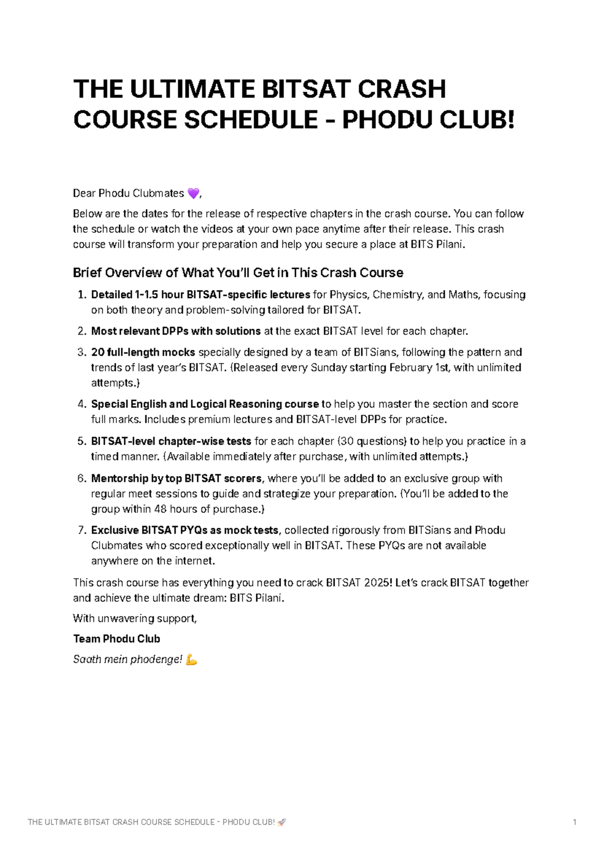 Ultimate BITSAT Crash Course Schedule 2025 - Phodu Club - Studocu