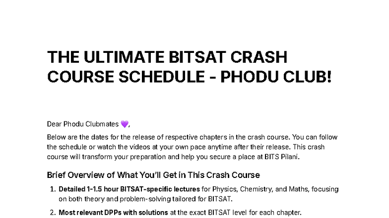 Ultimate BITSAT Crash Course Schedule 2025 - Phodu Club - Studocu