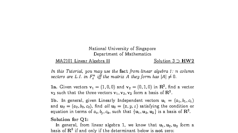 MA2101 Linear Algebra II: Solutions for HW2 Tutorial - Studocu