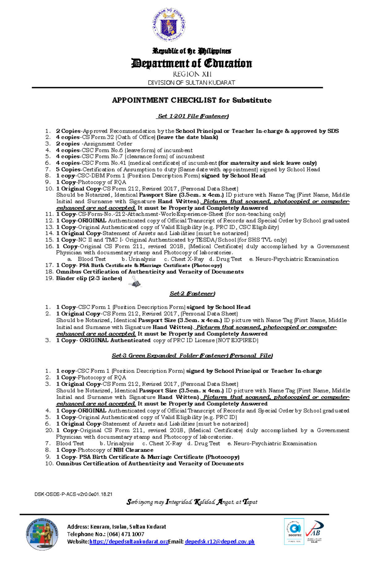 Appointment Checklist for Substitute Teachers (DSK-OSDS-P-ACS) - Studocu