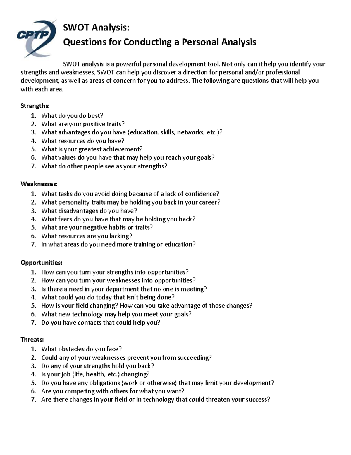 Personal SWOT Analysis: Key Questions for Self-Assessment - Studocu
