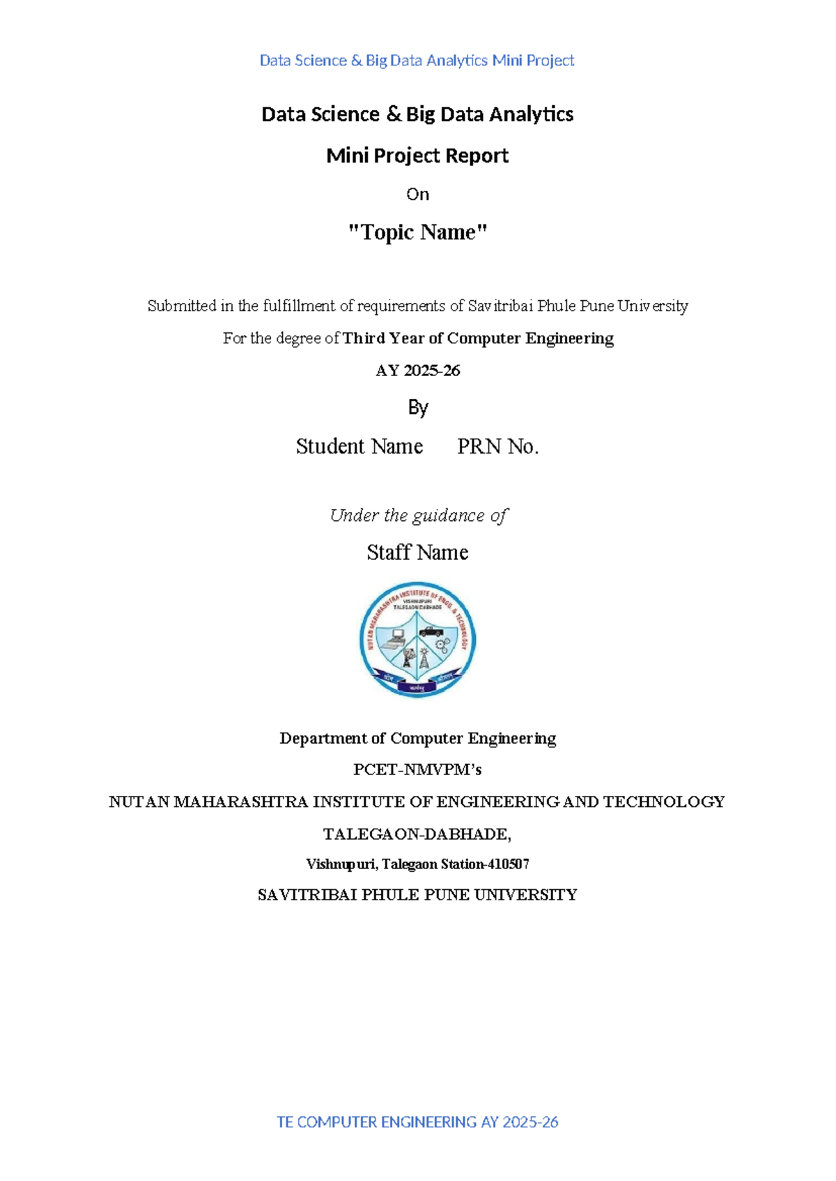 TE Computer Engineering AY: Data Science Big Data Analytics Mini ...