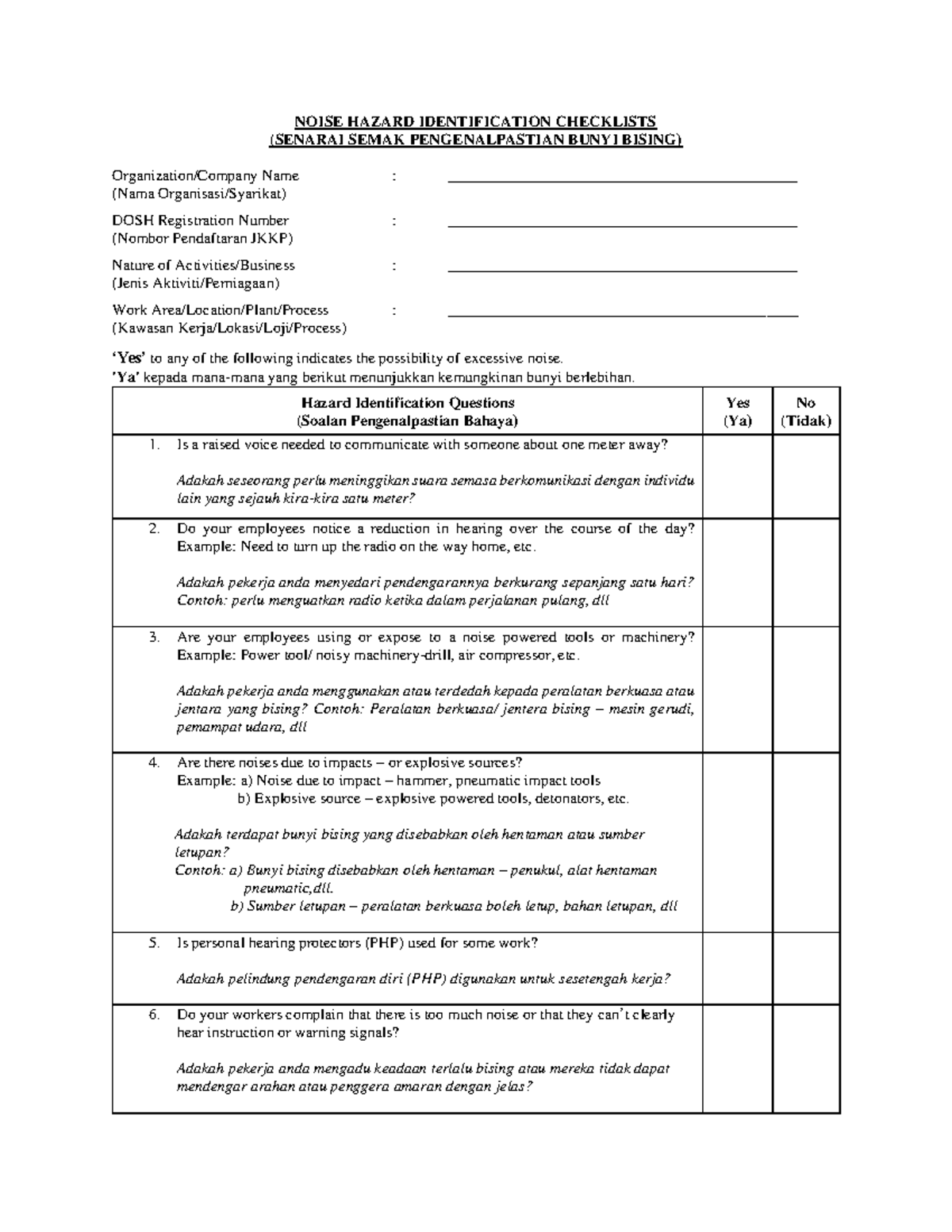 NOISE HAZARD IDENTIFICATION CHECKLIST (DWI BAHASA) - Studocu