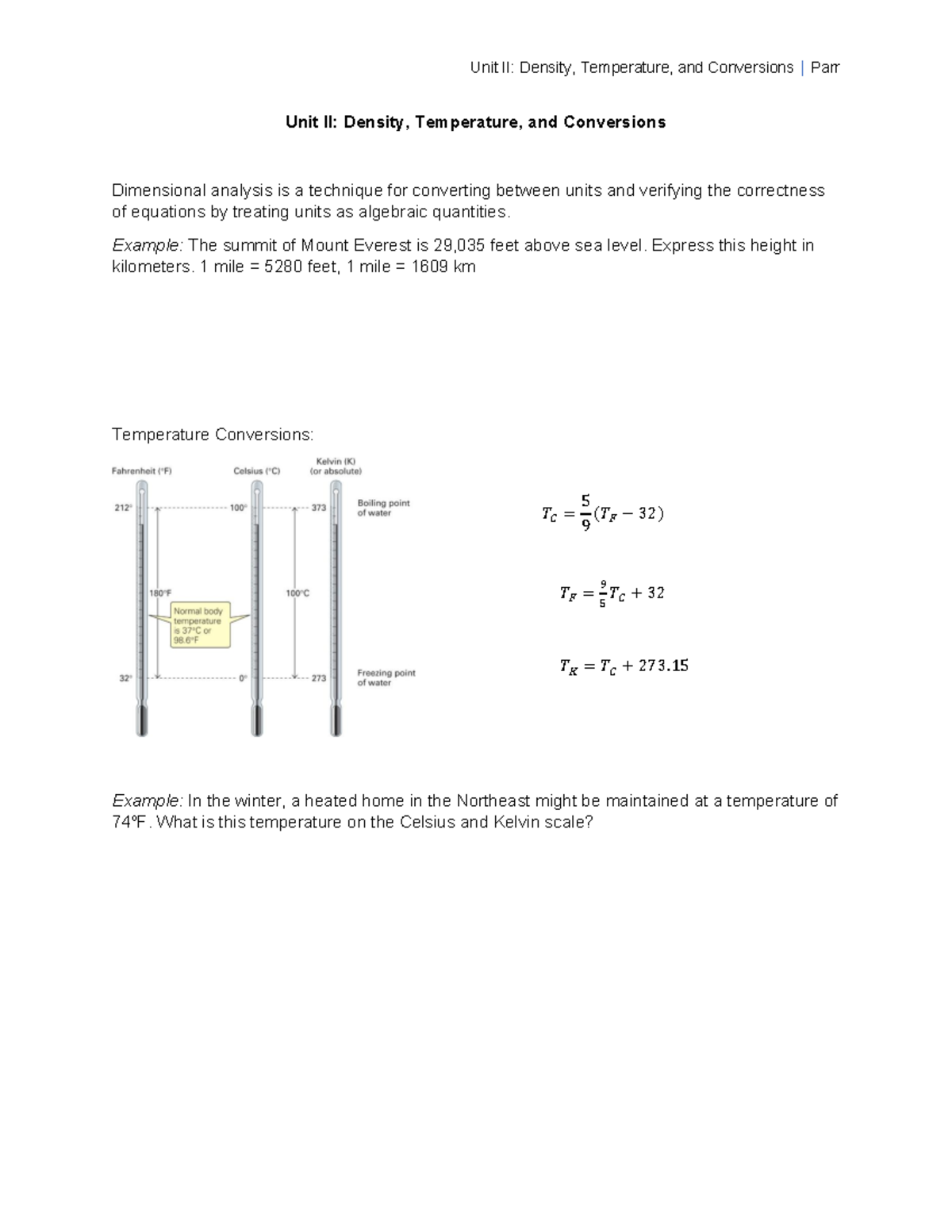 Unit II: Density, Temperature, and Conversions Worksheet - Studocu