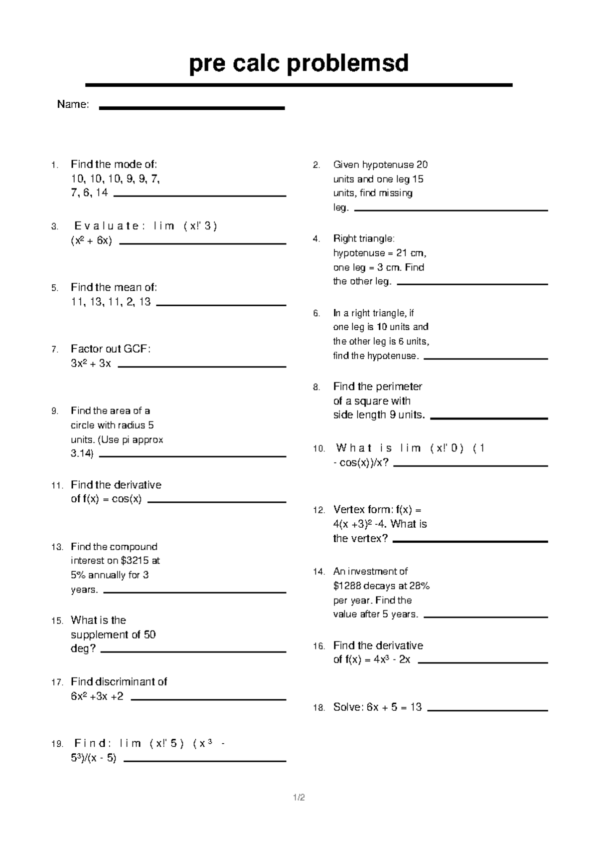 Pre Calc Problems: Practice Questions and Solutions - Studocu