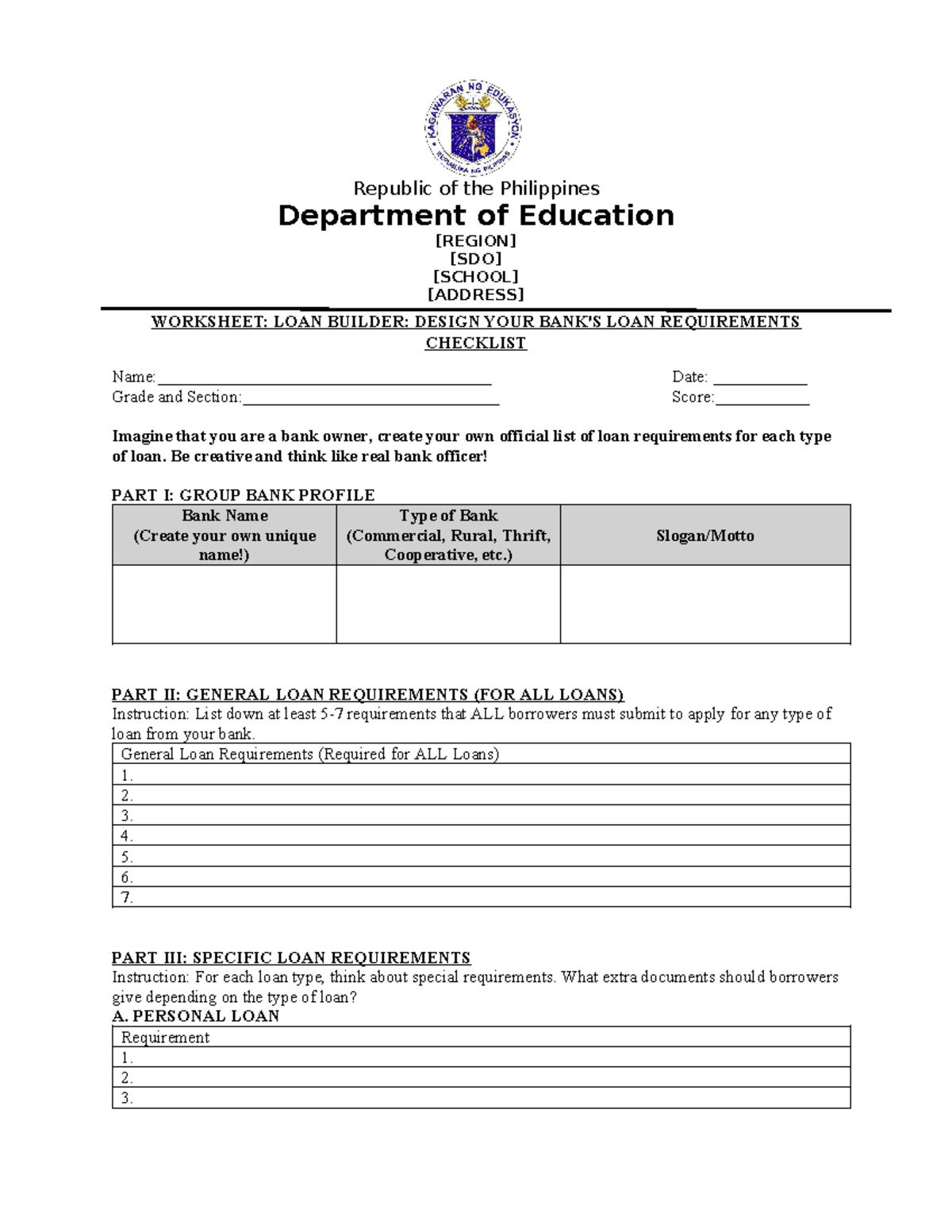 POM- Worksheet-G11: Loan Requirements Checklist for Bank Design - Studocu