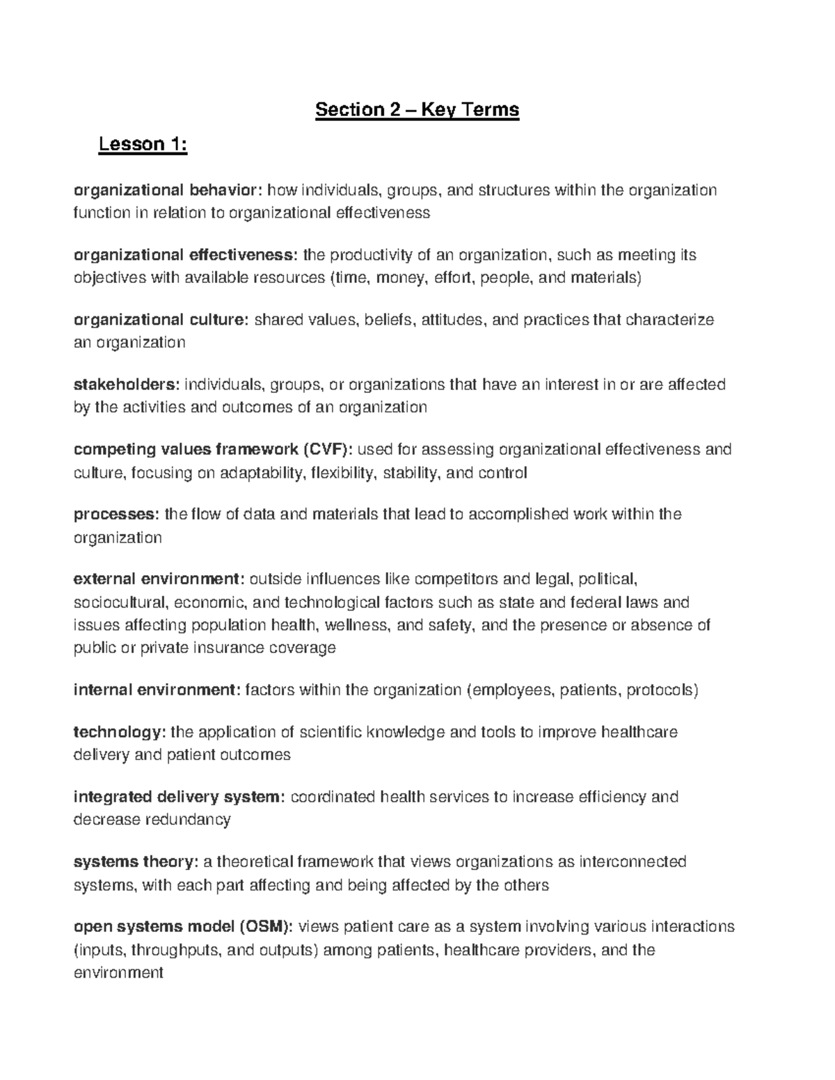 D545 Section 2 Key Terms: Organizational Behavior and Effectiveness ...