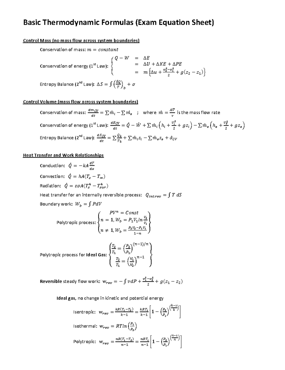 Thermodynamics Equations (ENGR 101 - Exam Equation Sheet) - Studocu