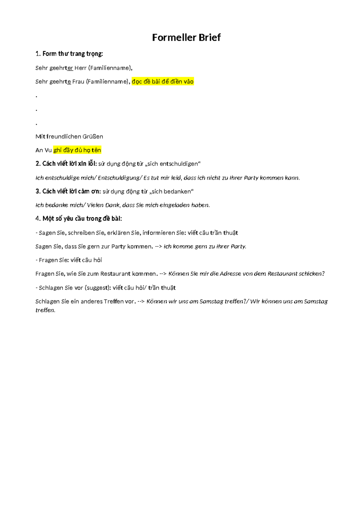 Formeller Brief: Schreiben von Einladungen und Dankesschreiben - Studocu
