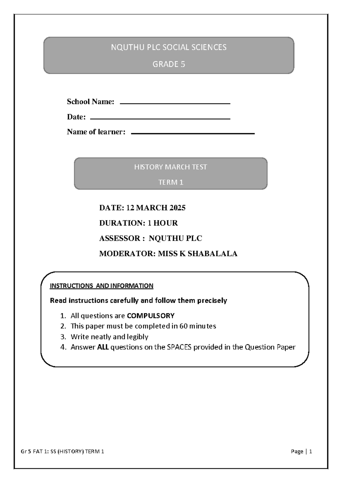 NQUTHU PLC Grade 5 History Term 1 Test - March 2025 - Studocu