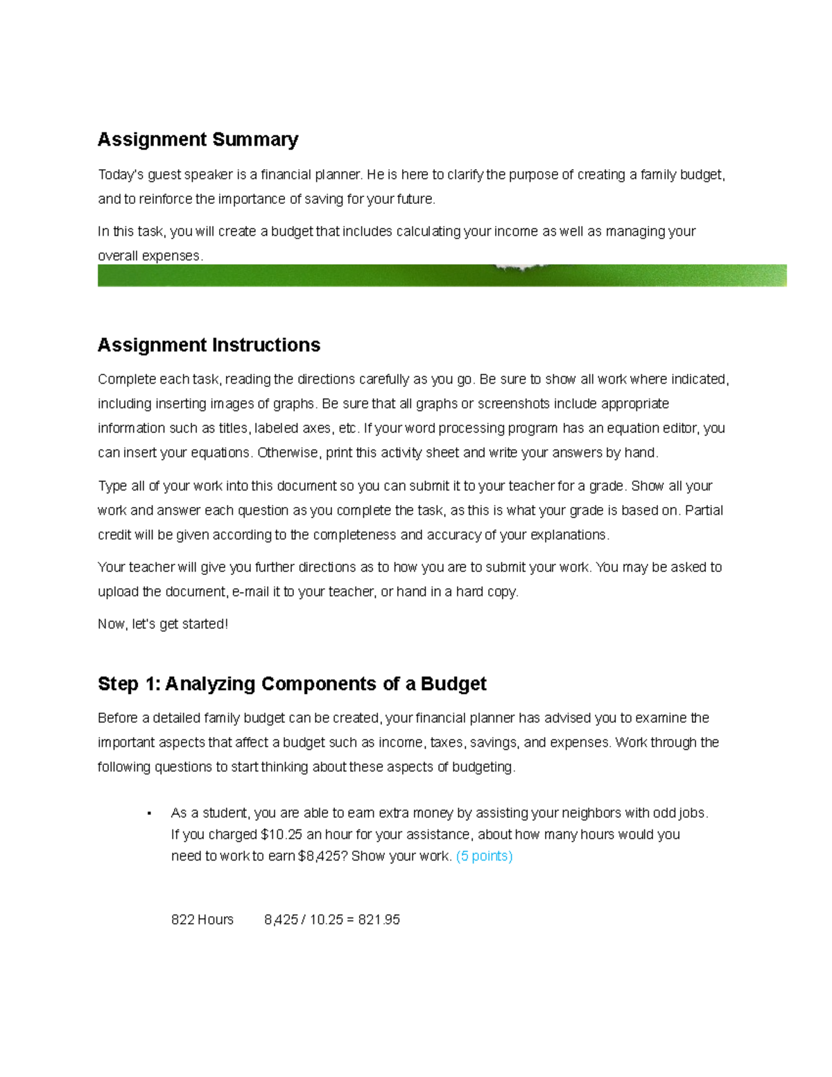 Financial Literacy Budgeting Performance Task - Creating a Family ...
