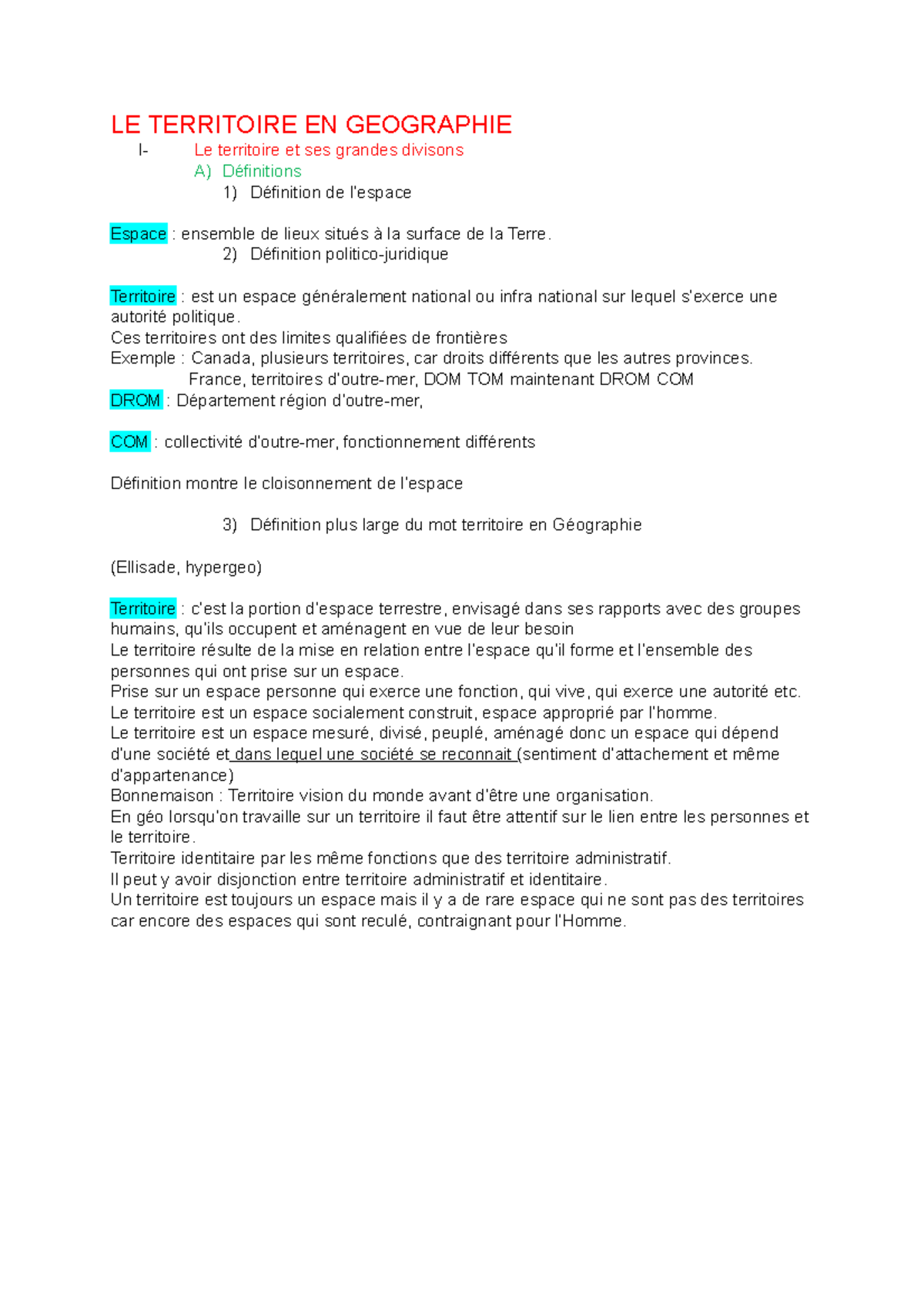 LE Territoire EN Geographie - LE TERRITOIRE EN GEOGRAPHIE I- Le ...