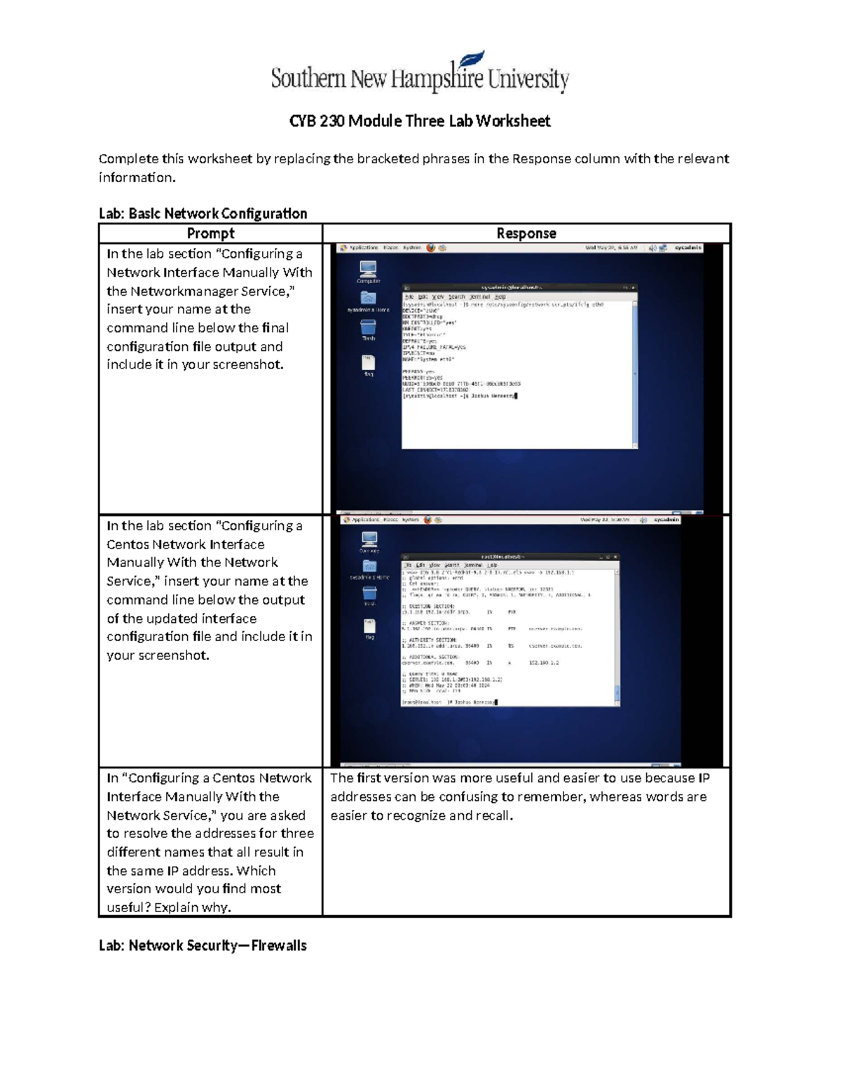 CYB 230 Module 3 Lab Worksheet: Network Config & Security Policies - Studocu