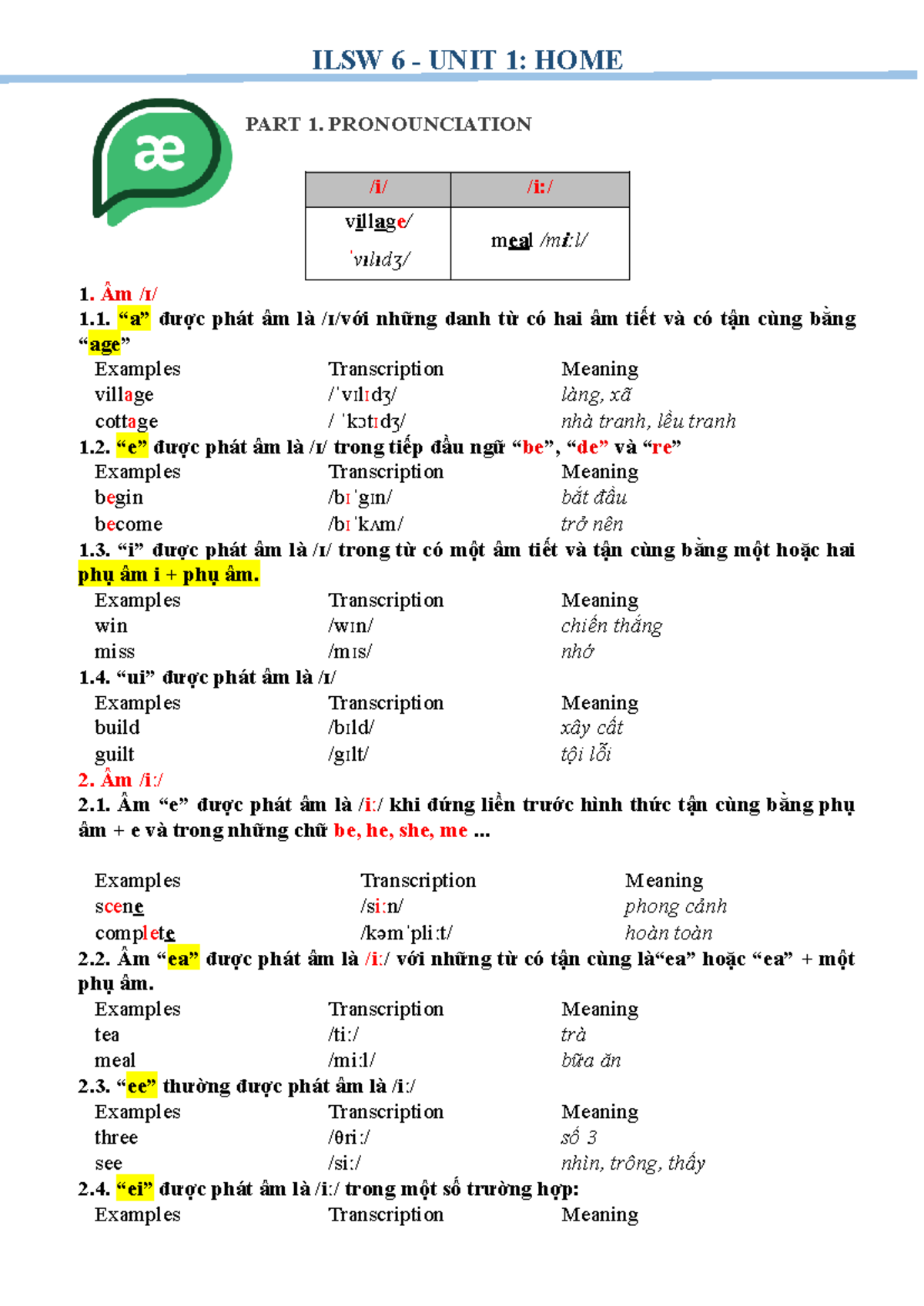 Grade 6 - ILSW 6: Unit 1 - Home Pronunciation and Vocabulary Guide ...