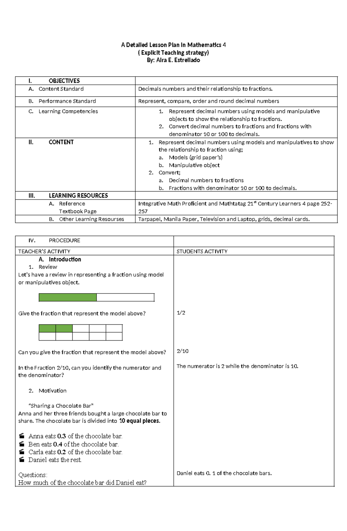 Detailed Lesson Plan in Mathematics 4 (Explicit Teaching Strategy ...