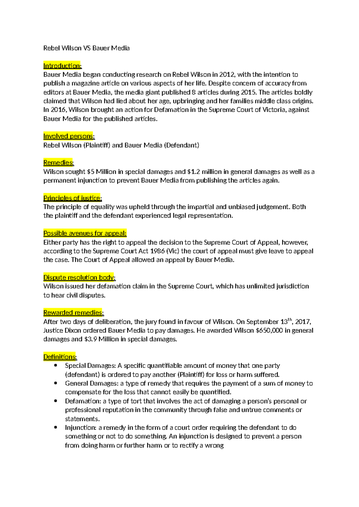 Rebel Wilson vs. Bauer Media: Defamation Case Overview - Studocu